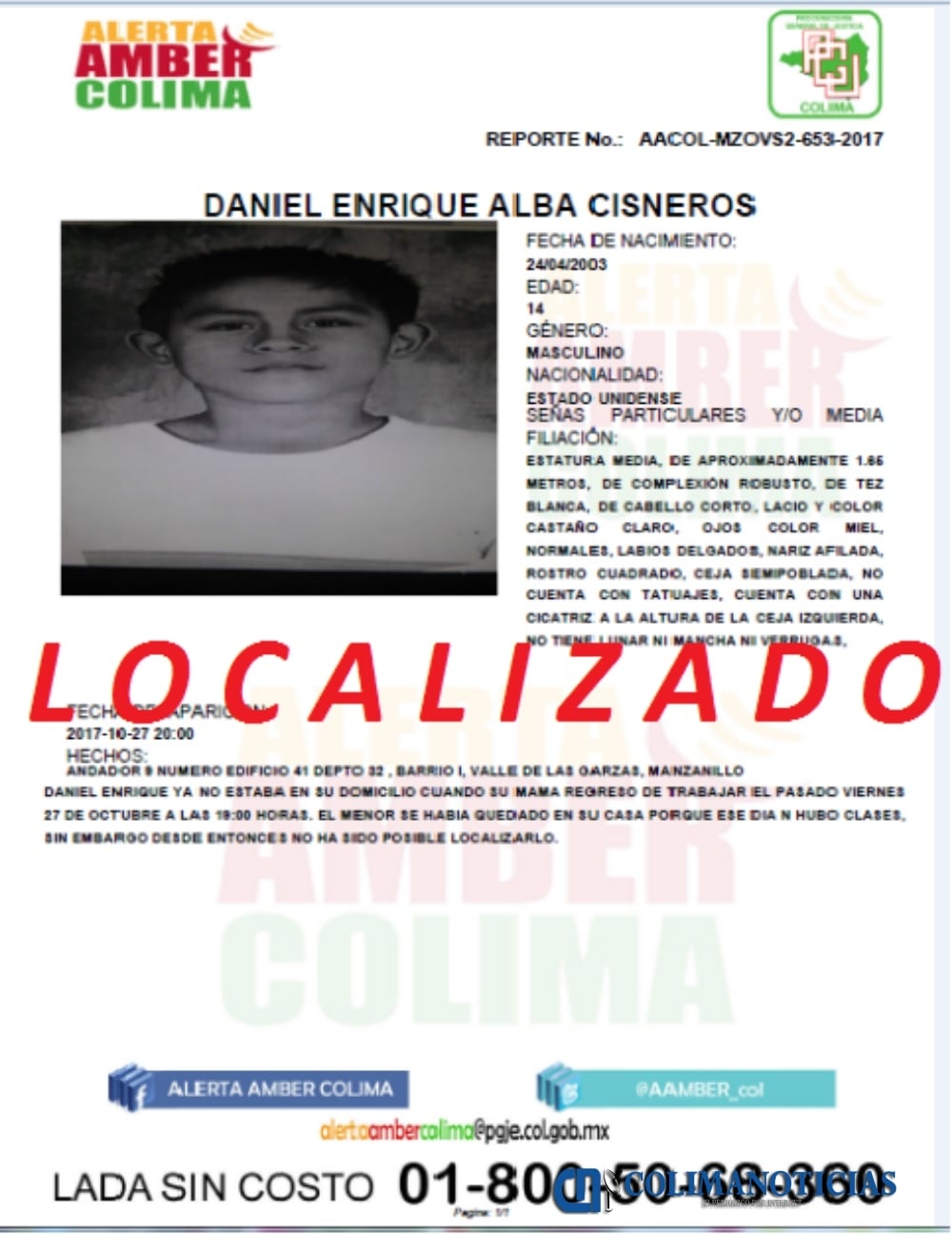 Desactivan Alerta Ámber, fue localizado el menor Daniel Enrique Alba ...