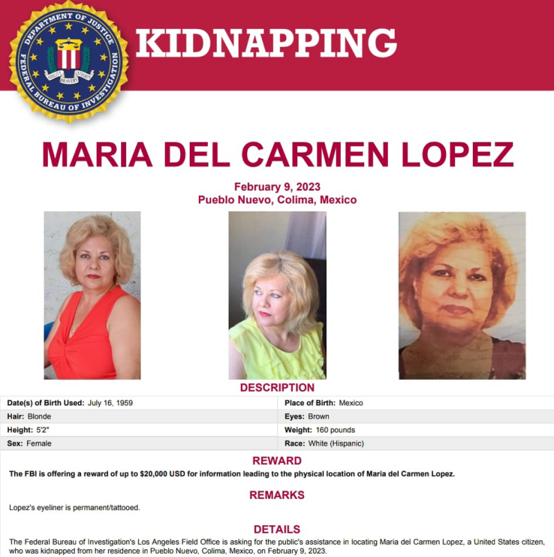 Estadounidense fue secuestrada en Colima; FBI ofrece recompensa ...